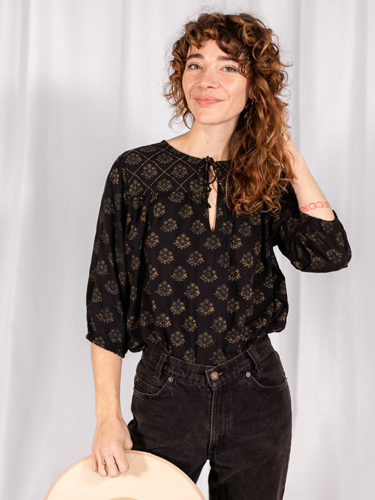Devi Blouse Floral Stamp Black - Fair Trade Clothing | Mata Traders