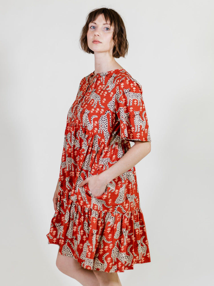 Adelaide Red and Leopard Print Tiered Mini Dress - Fair Trade Dresses ...