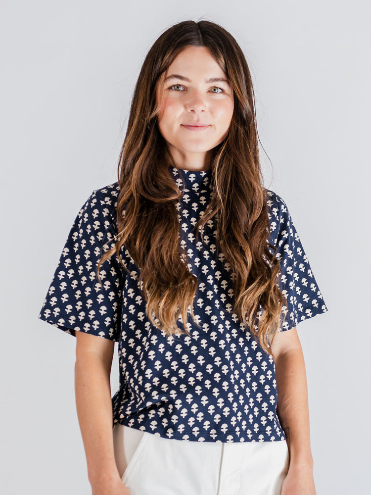 Eve Top Micro Floral Navy - Organic Cotton Jersey | Mata Traders