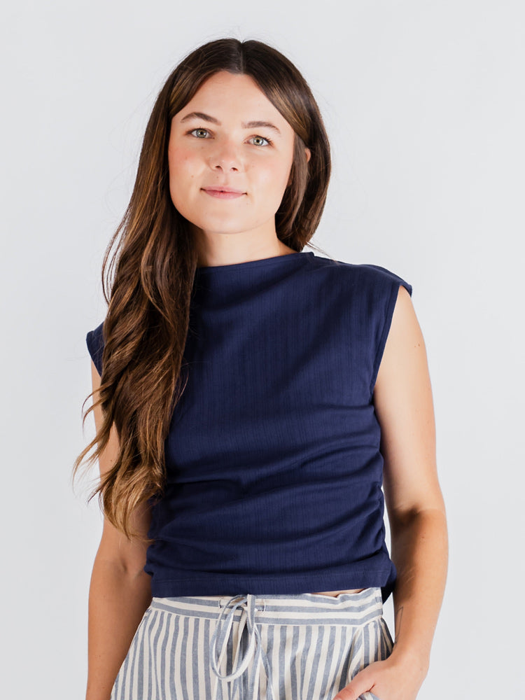Ruched Top Navy Rib Knit - Fair Trade Clothing | Mata Traders