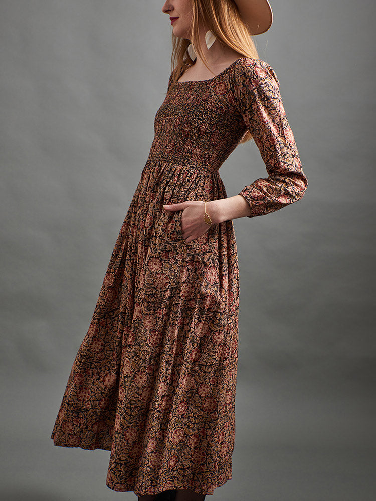 Hailee Smocked Midi Dress Black Floral - Fair Trade Dresses | Mata Traders