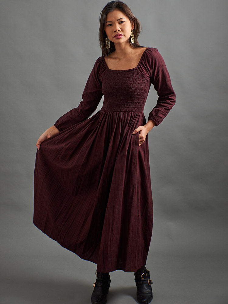 Hailee Smocked Midi Dress Maroon Plaid - Fair Trade Dresses | Mata Traders