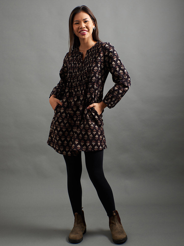 Victoria Tunic Dress Black Mini Blossom - Fair Trade Dresses | Mata Traders