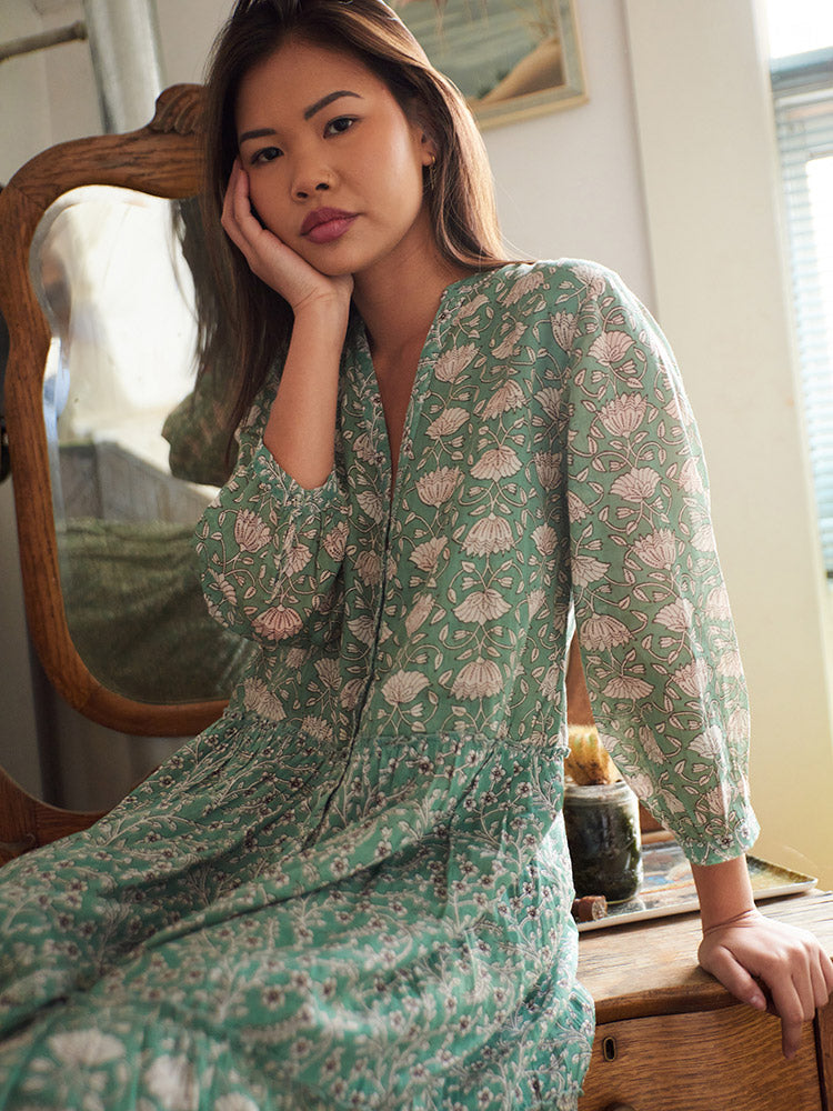 Britta Long Sleeve Tiered Dress Aegean Teal Mix - Fair Trade Dresses ...