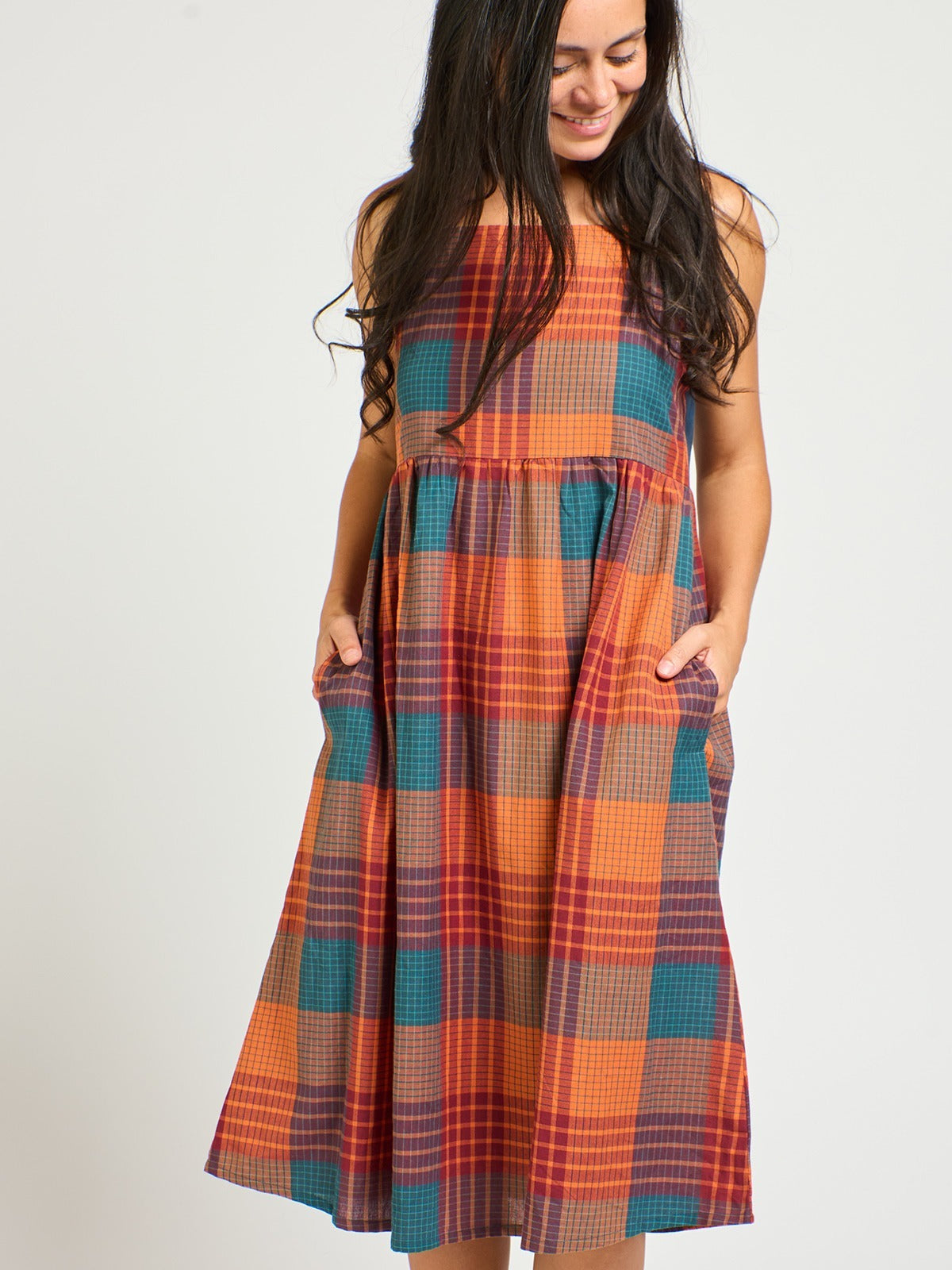 Ivy Midi Dress Persimmon Plaid - Fair Trade Dresses | Mata Traders