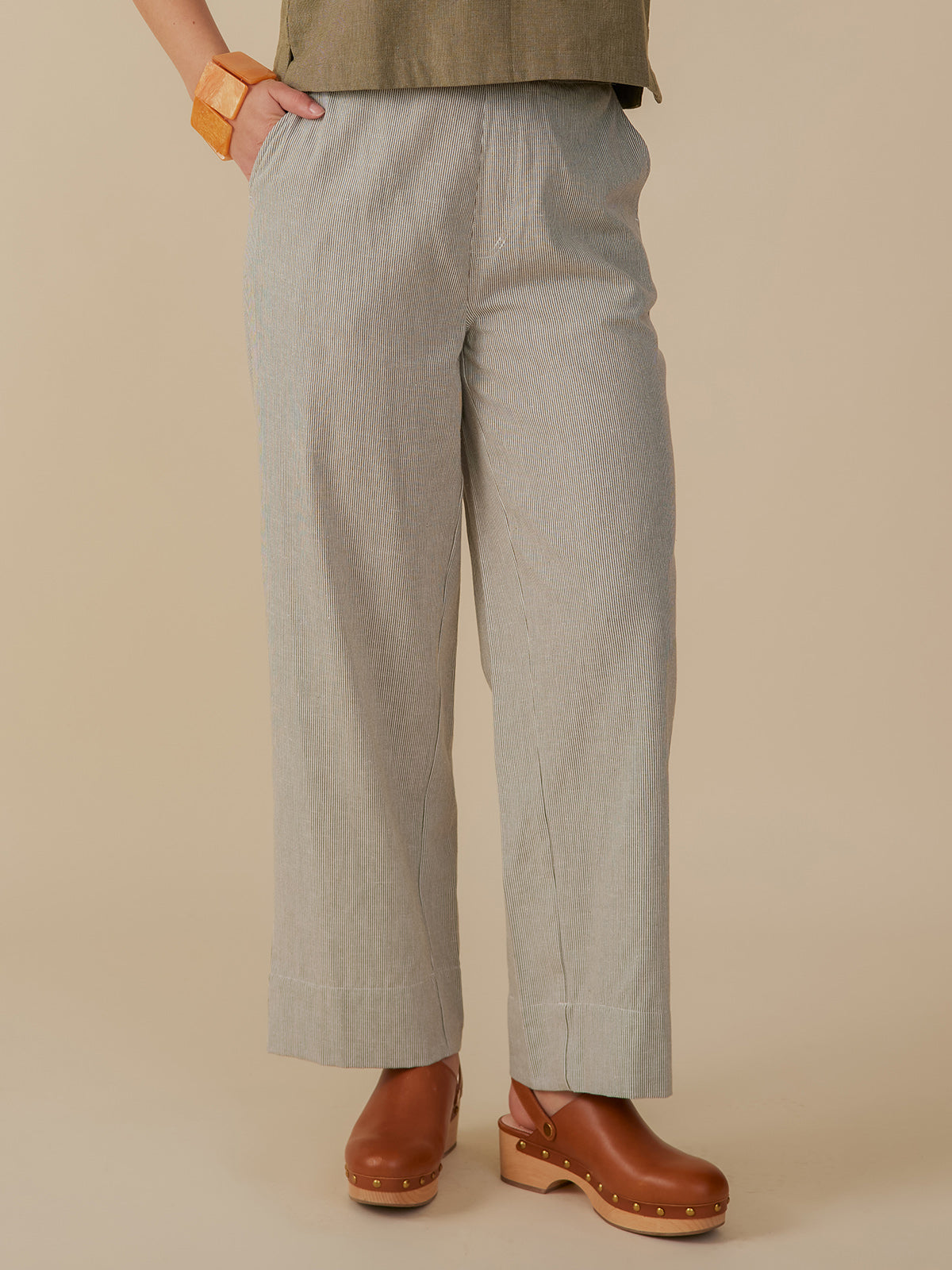 Tabitha Pant Olive Stripe - Fair Trade Clothing | Mata Traders