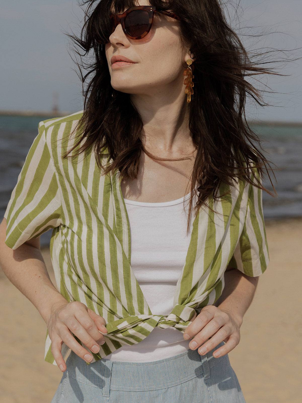 Women's Benji Button Down Short Sleeve Shirt Green Stripe | Fair Trade ...