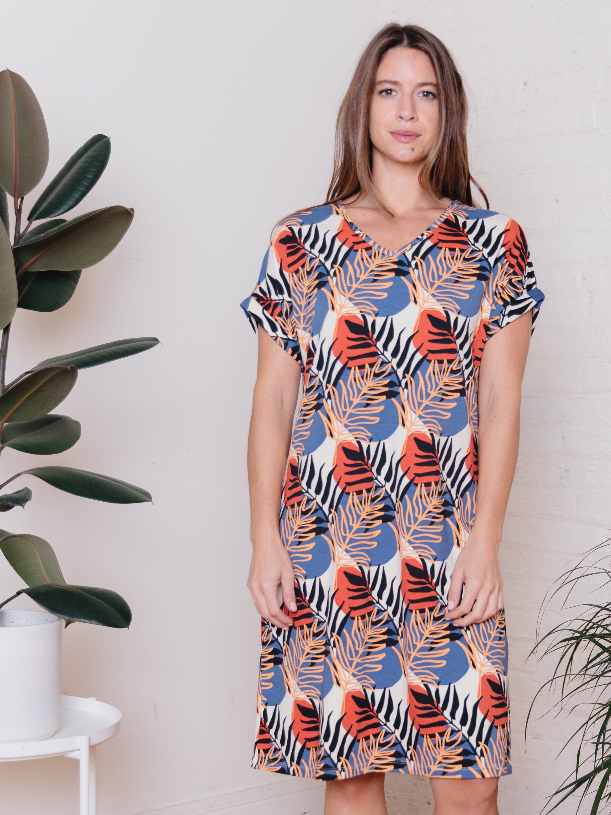 Montrose Tie Dress Layered Palms Peach - Fair Trade Dresses | Mata Traders